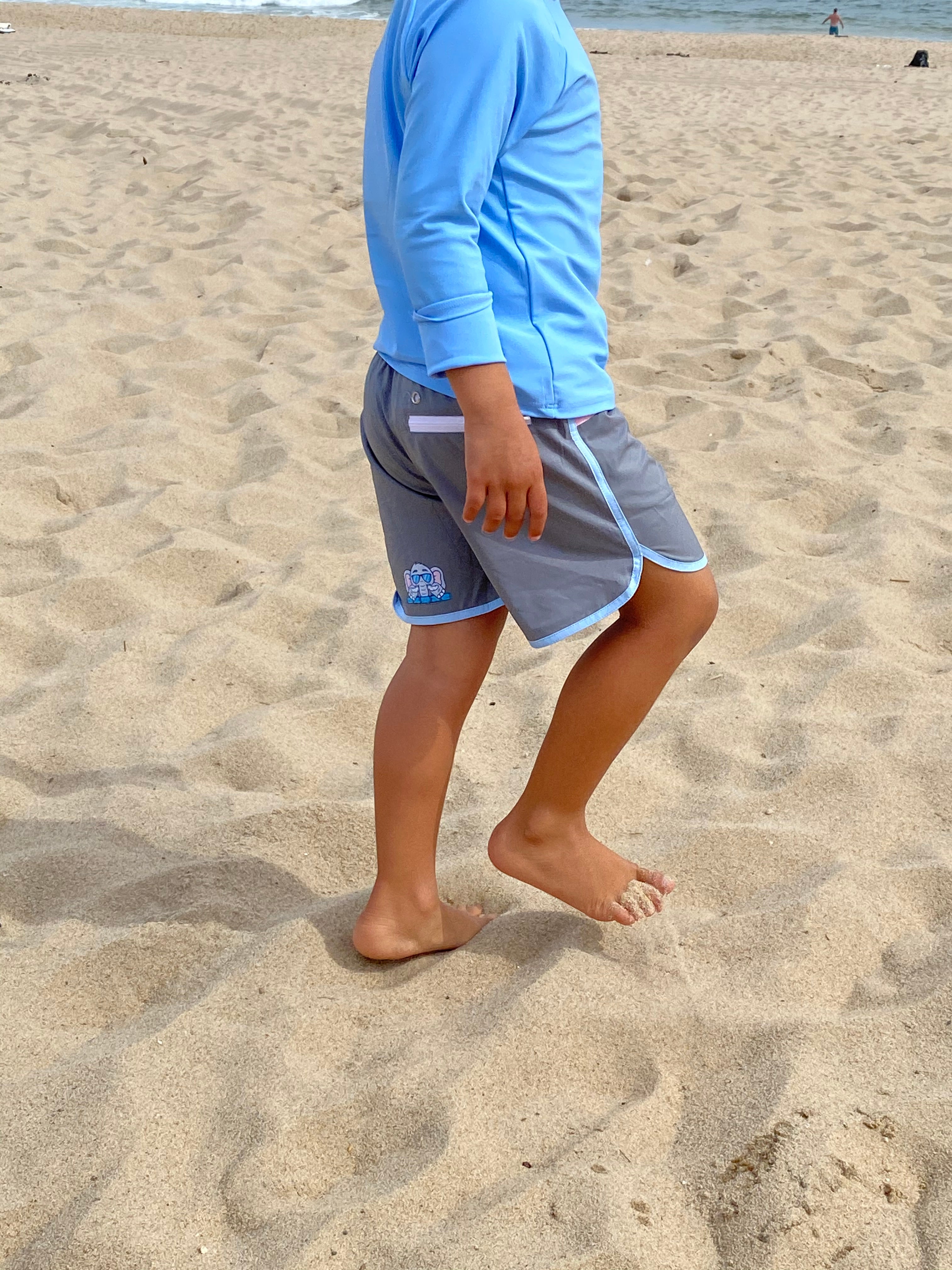 Lil Junk Kids Swim Trunks - Elephant Grey with Sky and Pink trim - Made ...